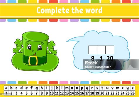 단어를 완성합니다 암호 코드입니다 레프렌 모자 어휘와 숫자를 학습 교육 워크 시트 영어 공부를 위한 활동 페이지 격리된 벡터 그림입니다 만화 캐릭터 St Patricks