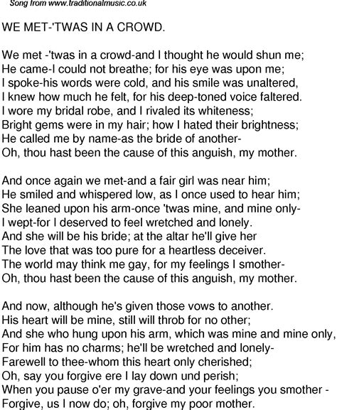 Old Time Song Lyrics For 35 We Met Twas In A Crowd