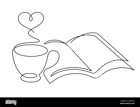 Coffee Cup And Book Opening One Line Drawing Continuous Minimalism Vector Illustration Stock