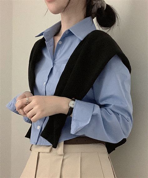 투게더위드미 코디set 할인 개인 소장각 밑단 둥근 카라 긴팔 크롭 슬림핏 가을 바스락 코튼면 와이셔츠 남방 흰셔츠 블루셔츠 코디 스커트 가을신상