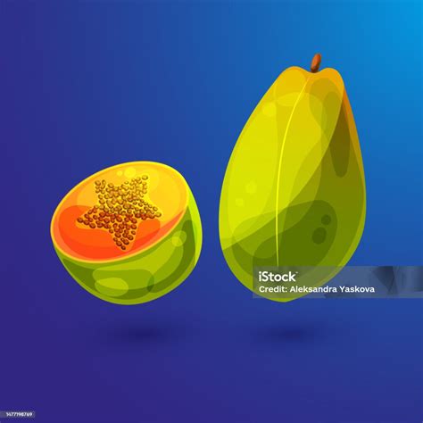 만화 스타일의 여름 이국적인 과일 Ux Ui 파파야 전체 과일 및 반 건강한 식생활에 대한 스톡 벡터 아트 및 기타 이미지 건강한 식생활 계절 과일 Istock