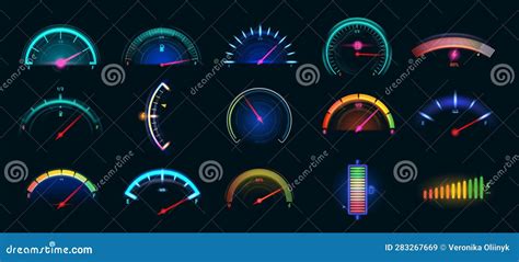 Colorful Speedometer Icons On Blue Background With Sliders Dashboard Gauges Indicating Speed Or