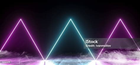 연기 네온 어두운 그런 지 구체적인 배경 아스팔트 광학적 인 환상 형광 자주색 파란 활기찬 빛나는 빈 공간 공상 과학 Fi 미래 우주선 단계 3d 렌더링 0명에 대한 스톡