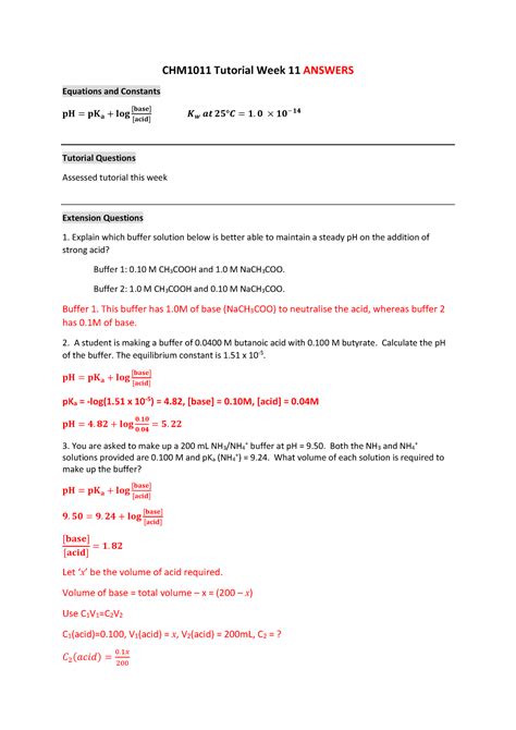 Week 11 Tutorial Sample Answers Chm1011 Tutorial Week 11 Answers Equations And Constants 퐩퐇