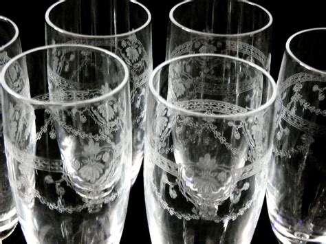 Antique Etched Crystal Champagne Flutes Vintage French Champagne Glasses Wedding Glasses Retro