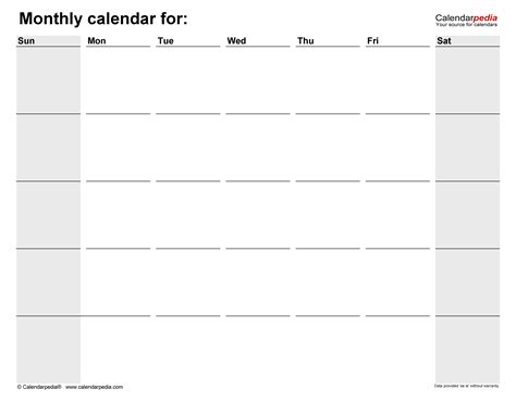 Blank Monthly Calendar Templates For Microsoft Word