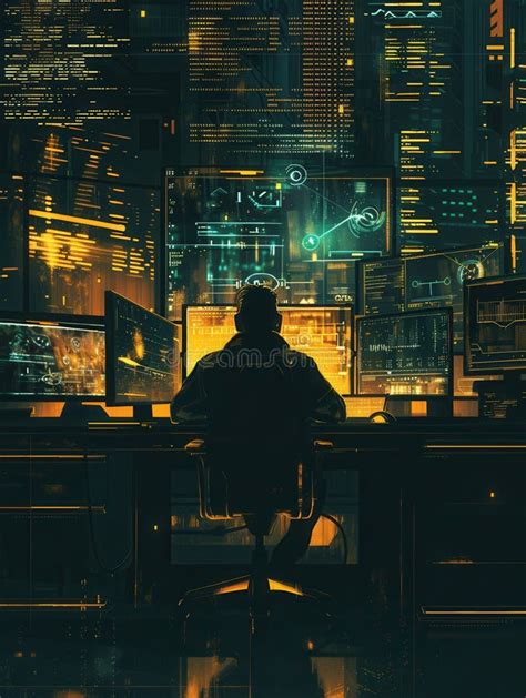 A Hacker Sits At A Cluttered Desk Focused On Multiple Glowing Screens
