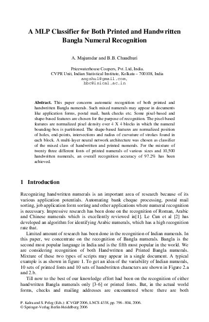 Pdf A Mlp Classifier For Both Printed And Handwritten Bangla Numeral