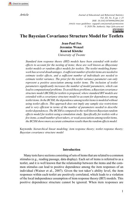 Pdf The Bayesian Covariance Structure Model For Testlets