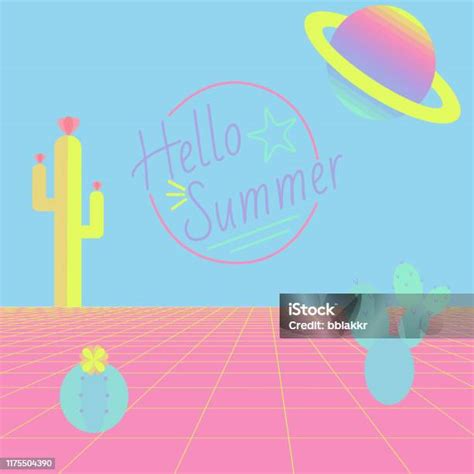 토성과 선인장으로 장식 네온 색상 원근 80 년대 스타일 배경 장식 나이트클럽에 대한 스톡 벡터 아트 및 기타 이미지 나이트클럽 사막 벽 Istock