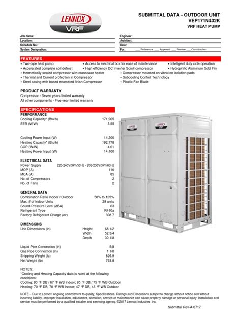 Lennox Vrf Submittal Vep171n432k 16f50 Standard 072017 Pdf Heat Pump Energy Technology