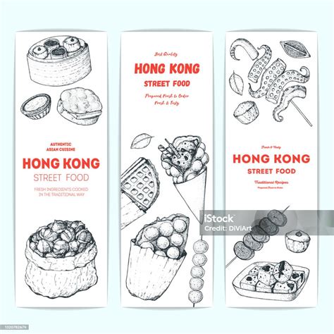 홍콩 길거리 음식 배너 컬렉션 중국 음식 메뉴 디자인 템플릿 빈티지 손으로 그린 스케치 벡터 일러스트 각인된 스타일 일러스트레이션입니다 아시아 길거리 음식 스케치 메뉴판에