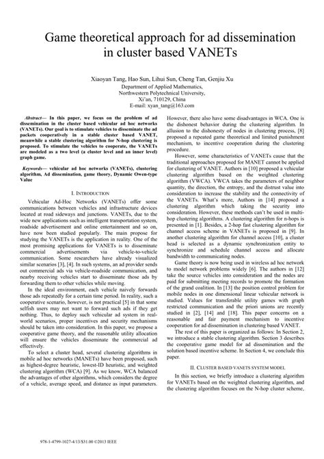 Pdf Game Theoretical Approach For Ad Dissemination In Cluster Based