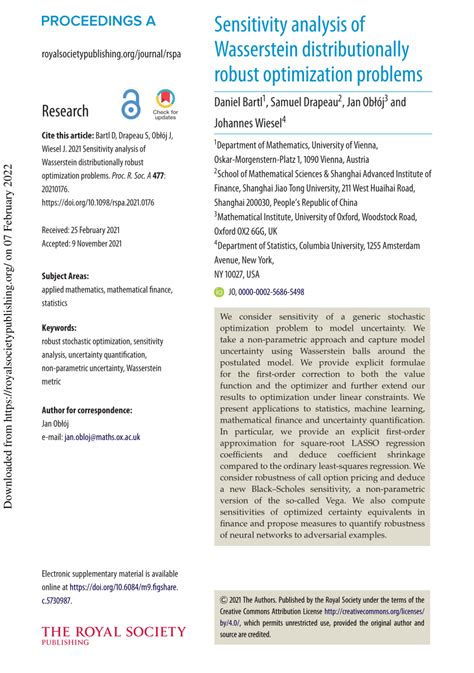 Pdf Sensitivity Analysis Of Wasserstein Distributionally Robust Optimization Problems