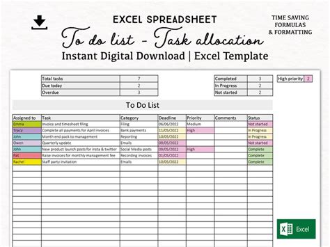 To Do List Task Allocation Excel Spreadsheet Digital Download Excel
