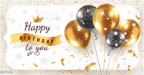 텍스트와 반짝이 색종이와 흰색 배경에 프레임에 3d 현실적인 황금과 검은 색 공기 풍선의 3d 현실적인 황금과 검은 무리와 벡터 생일 수평 그림 금 금속에 대한 스톡 벡터