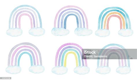 무지개와 구름에 설정 수채화 디지털 용지 아이 일러스트 다채로운 보육 예술 0명에 대한 스톡 벡터 아트 및 기타 이미지 0명 모던 양식 배경 주제 Istock