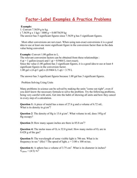 Factor Label Examples And Practice Problems