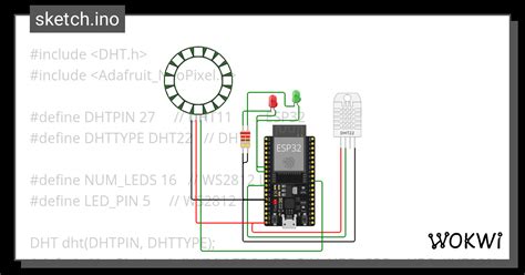 用esp32寫出溫度跟濕度感測器程式當溫度大於35度目濕度 大於60時紅色led亮否則藍色led亮 還有循環燈 Copy Wokwi