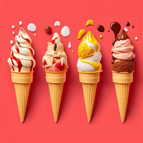 Premium Photo Four Ice Cream Cones With Different Flavors On Them On A Red Background