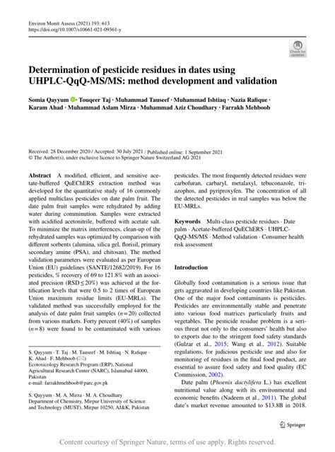 Determination Of Pesticide Residues In Dates Using Uhplc Qqq Msms