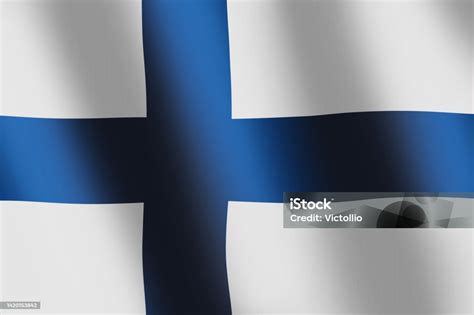 핀란드 국기 핀란드는 흰색 배경에 파란색 북유럽 십자가 파란색 깃발이 있으며 배너 또는 배경에 부드러운 바람이 불고 있습니다 국가 상징 깃발에 파도가 파문을 일으킨다 0명에