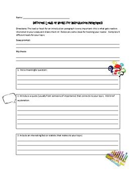 Hooks Leads For Introduction Paragraphs By Learn With Mrs Giarratano