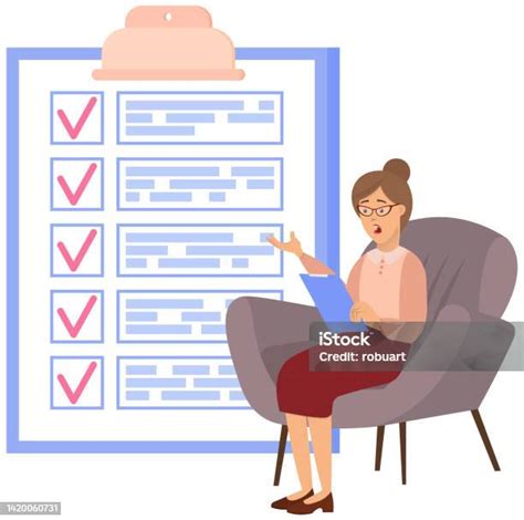 목록과 계획을 세우기 위해 근처에 앉아있는 두려운 여성 계획 완료 작업 완료 시간표 개념에 대한 스톡 벡터 아트 및 기타 이미지