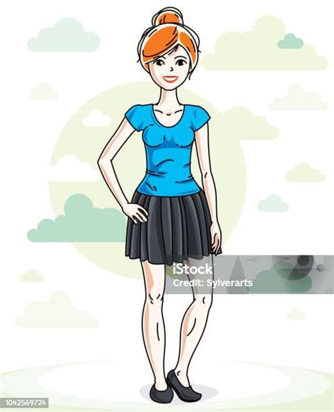 아름 다운 젊은 빨간 머리 여자와 파란 하늘 구름 배경에 서 있는 하 고 세련 된 캐주얼 옷을 입고 벡터 인간 그림입니다 가냘픈에 대한 스톡 벡터 아트 및 기타 이미지