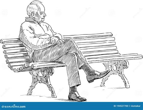 Sketch Of Lonely Old Man Sitting In Brooding On Park Bench Stock Vector