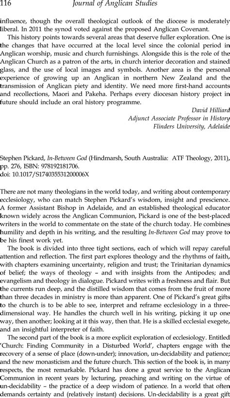 Stephen Pickard In Between God Hindmarsh South Australia Atf Theology 2011 Pp 276 Isbn