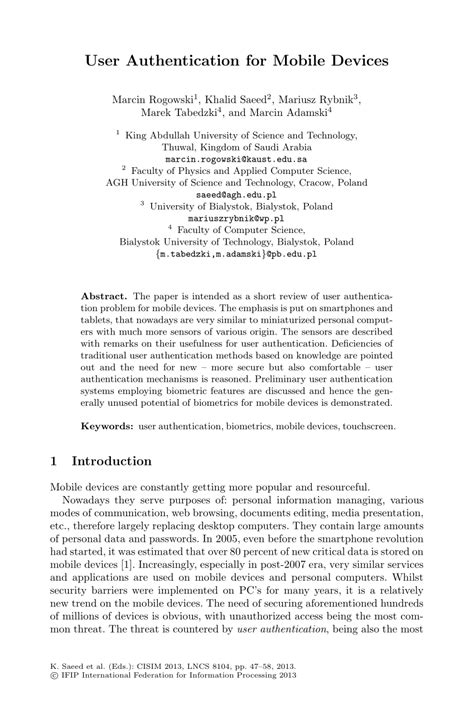 Pdf User Authentication For Mobile Devices