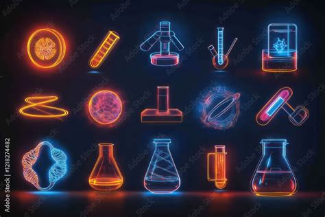 Science Icons With A Futuristic Glowing Design Featuring Symbols Like