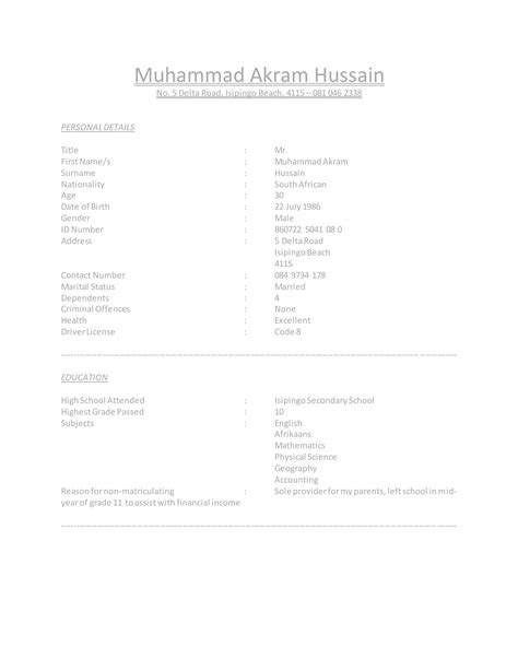Muhammad Akram Hussain Cv Updated 2016 August Docx Business Business And Finance