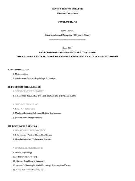 Course Syllabus Facilitating Learner Centered Teaching Pdf Constructivism Philosophy Of