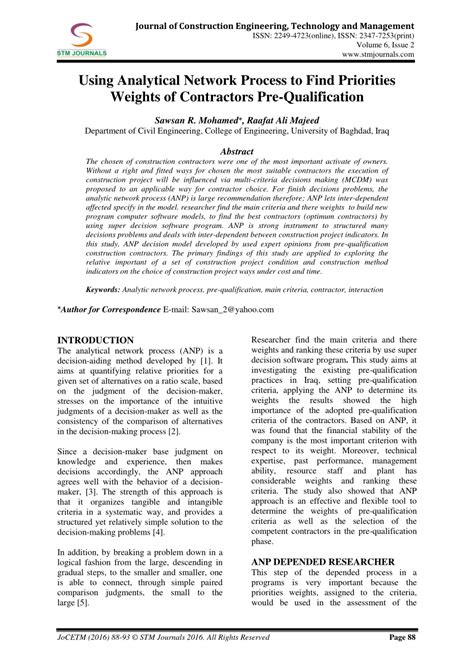 Pdf Using Analytical Network Process To Find Priorities Weights Of Contractors Pre Qualification