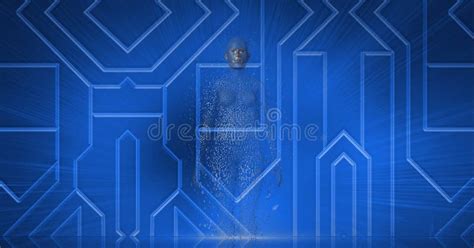 Composition Of Exploding Human Body Formed With Grey Particles And Blue Circuit Board Background