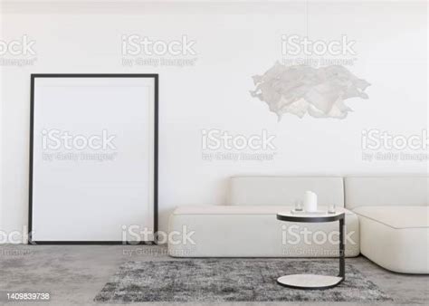 현대 거실의 콘크리트 바닥에 서있는 빈 수직 액자 현대적인 스타일의 인테리어를 모의하십시오 무료 사진을위한 복사 공간 포스터 흰색 벽 소파 램프 3d 렌더링 0명에 대한