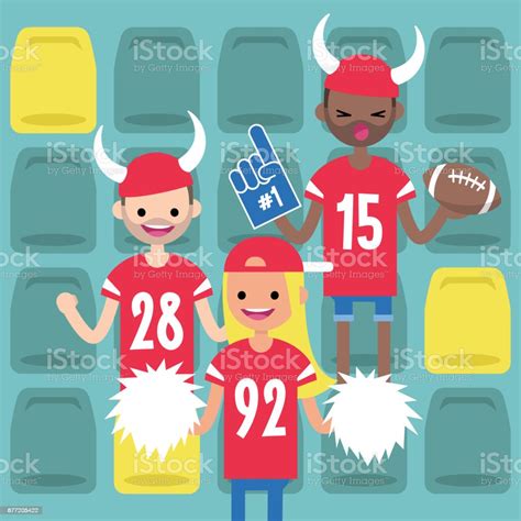 경기장 군중입니다 미식 축구 유니폼 뿔된 모자와 거품 손가락 Interracial 문자 팬 들이 그들의 팀을 지 원하는 평면 편집 가능한 벡터 일러스트 레이 션 클립 아트