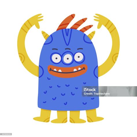 재미있는 파란 괴물 와 노란 팔 올려진 위로 올려 벡터 일러스트 가득 찬에 대한 스톡 벡터 아트 및 기타 이미지 가득 찬