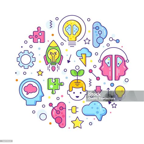서클 벡터 템플릿에 배치 된 라인 아이콘과 두뇌와 창조적 인 마음 디자인 개발에 대한 스톡 벡터 아트 및 기타 이미지 개발 뇌 벡터 Istock