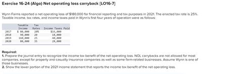 Solved Exercise 16 24 Algo Net Operating Loss Carryback Chegg Com