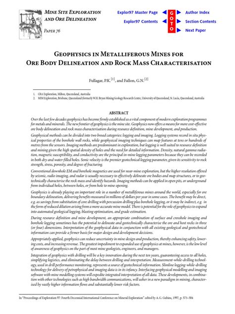 Geography In Metalliferous Mines For Ore Body Delineation And Rock Mass Characterisation Pdf