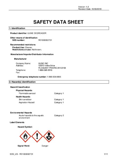 Uline Degreaser Safety Data Sheet Sds Us Re