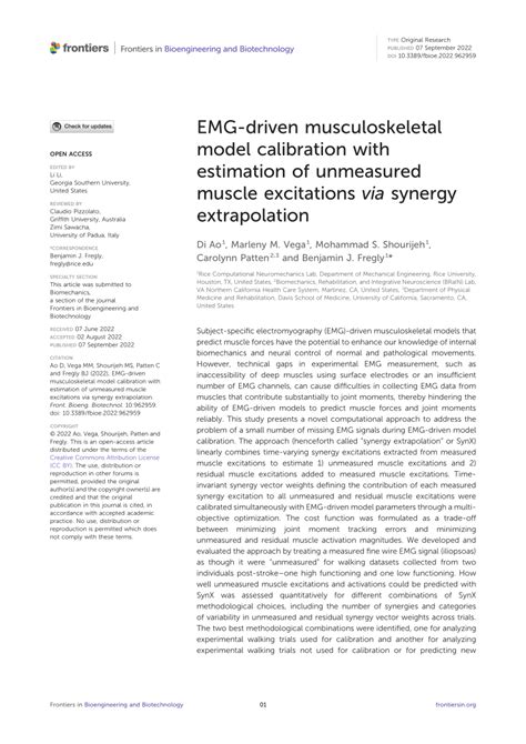 Pdf Emg Driven Musculoskeletal Model Calibration With Estimation Of Unmeasured Muscle
