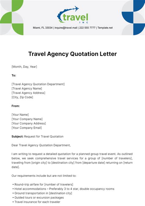 Free Travel Agency Quotation Letter Template To Edit Online