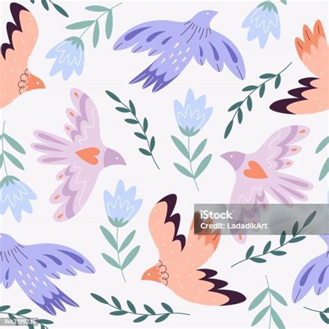 장식 새와 꽃 완벽 한 패턴입니다 꽃 새 실루엣 제비 또는 비둘기 비행 장식 스칸디나비아 현대 선정 벡터 프린트 디자인 공장 산업 건물에 대한 스톡 벡터 아트 및 기타