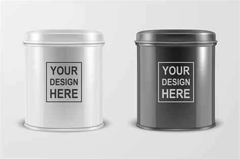 벡터 현실적인 3d 화이트와 블랙 빈 금속 주석 수 있습니다 컨테이너 설정 흰색 배경에 고립의 근접 촬영 베이비 파우더 우유 차 커피 시리얼 등 이랑 포장을 위한 디자인