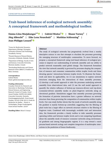 Pdf Trait Based Inference Of Ecological Network Assembly A Conceptual Framework And