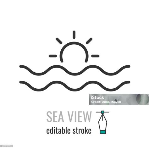 바다 전망 선 아이콘입니다 태양 기호가 있는 선형 스타일의 바다 파도입니다 일몰 또는 일출 전망 표지판 휴가 개념 편집 가능한 스트로크 벡터 그래픽 일러스트 Eps 10 0